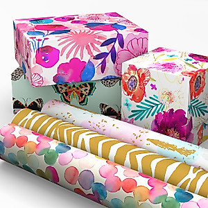 Hallmark Wrapping Paper Rolls for Birthday, Bridal Shower, Baby Shower, Gift Wrap Paper (Set of 6 Rolls: 180 sq. ft. ttl.) Butterflies, Gold Animal Print, Pink Flowers for All Occasions