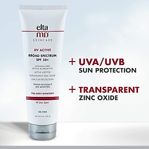 EltaMD UV Active SPF 50+ Mineral Sunscreen Lotion, Broad Spectrum Physical Sunscreen for Face and Body, Water-Resistant Up to 80 Minutes, Oil-Free, Non-Greasy, Full Body Sunscreen, 8.0 oz Tube