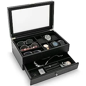 HAUTEROW Watch Box Organizer For Men Jewelry Box, Watch Case Sunglass Organizer Valet Tray Mens Jewelry Organizer Holds 6 Watches 3 Sunglasses