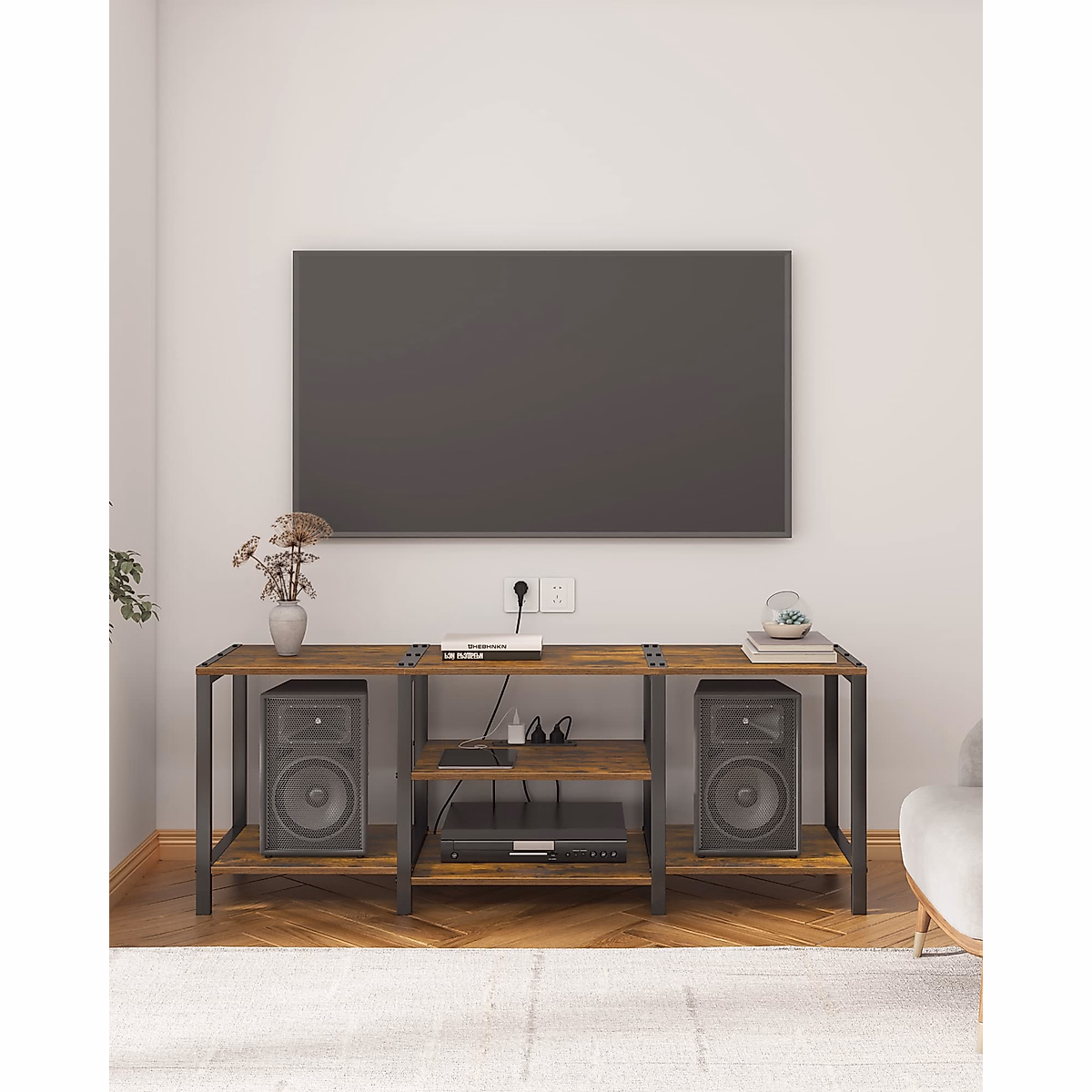 Hzuaneri TV Stand with Charging Station for TVs up to 65 Inches, 3 Tier Media TV Entertainment Center with Storage Shelf, Industrial TV Console Table for Living Room, Bedroom, Rustic Brown and Black