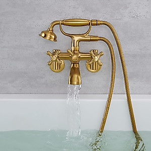 Hanallx Clawfoot Tub Faucet Wall Mount Tub Filler Brushed Gold Vintage Bathtub Faucets Brass with Telephone Shaped Handheld Shower