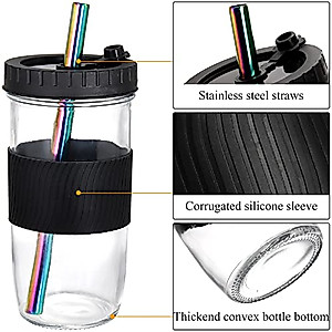 Youeon 4 Pack 24 Oz Reusable Boba Cup with Lids and Straw, Iced Coffee Cups Glass Smoothie Cups, Bubble Tea Cups Mason Jar Cups with Silicone Sleeve, BPA Free, Dishwasher Safe, 2 Colors