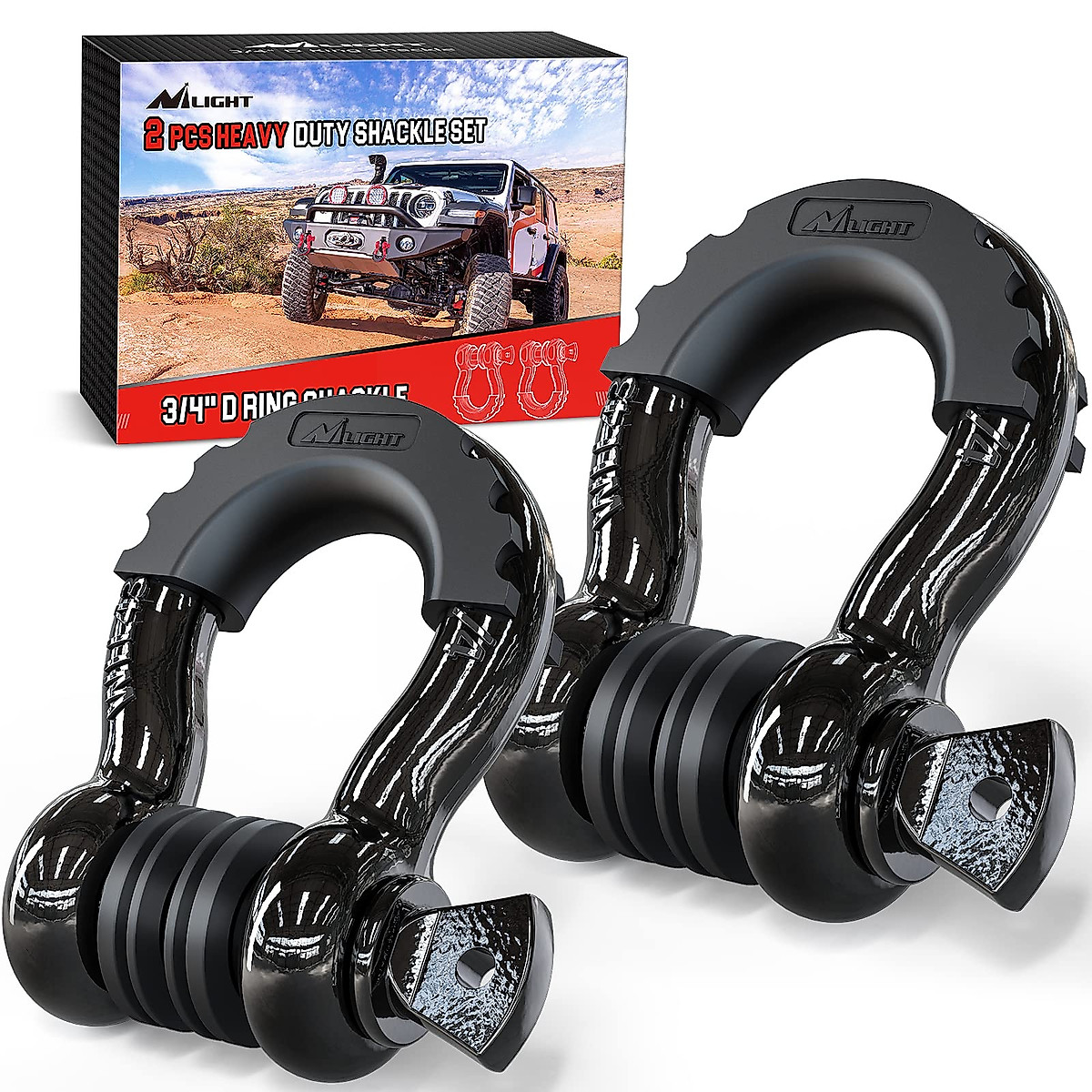 Nilight - 90052B 2 Pack 3/4" D-Ring Shackle 4.75 Ton (9500 Lbs) Capacity with 7/8" Pin Heavy Duty Off Road Recovery Shackle with Isolators & Washer Kit for Jeep Truck Vehicle , Black
