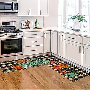 Artoid Mode Buffalo Plaid Pumpkins Truck Bow Tie Fall Kitchen Mats Set of 2, Home Decor Low-Profile Kitchen Rugs for Floor - 17x29 and 17x47 Inch