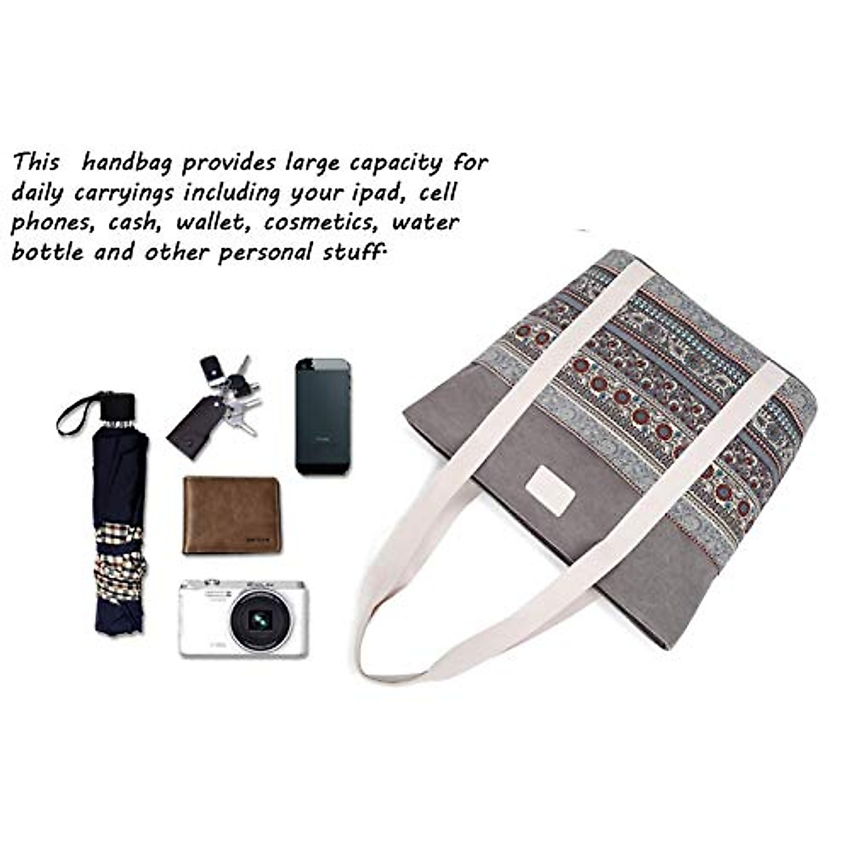 Wxnow Canvas Boho Tote Bag Top Handle for Women Shoulder Hobo Purse Beach Handbags School Word Travel Shopping Pack B-Light Grey