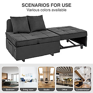 Convertible Sofa Bed 4-in-1 Velvet Sleeper Sofa Chair Bed Pull Out Futon Couch Bed with USB Ports 5 Adjustable Backrest and Pillow Fold Out Ottoman Bed for Adults Small Spaces Living Room, Dark Grey