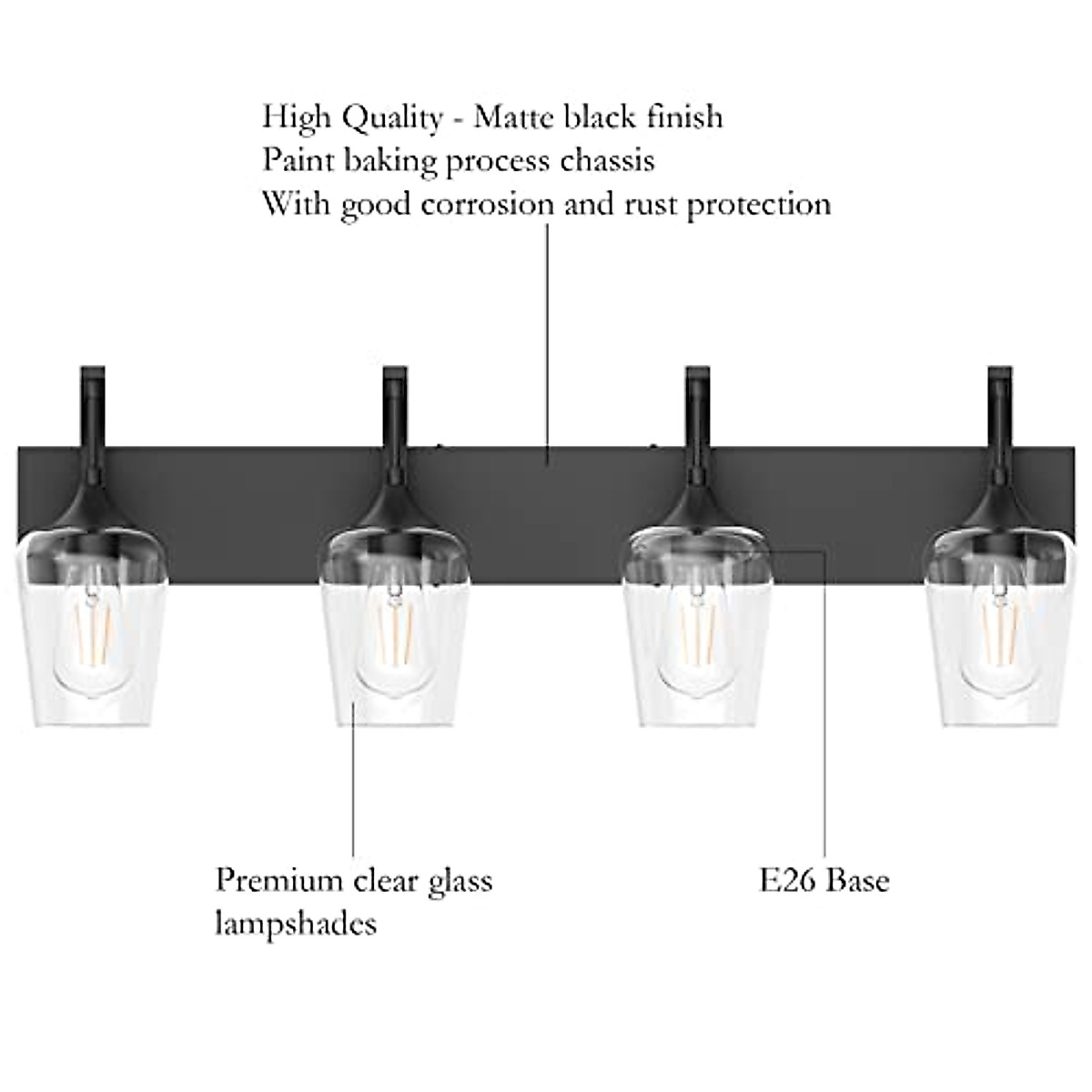 Ralbay Matte Black Bathroom Light Fixtures 4-Lights Industrial Black Vanity Lights Clear Glass Vintage Edison Matte Black Wall Lamp Light Fixture for Bathroom