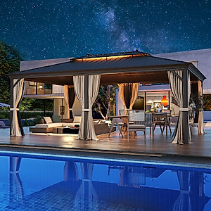 MELLCOM 14'x20' Galvanized Steel Hardtop Gazebo, Aluminum Frame Metal Outdoor Gazebo with Double Roof and Netting and Curtains for Patio Lawn Garden Brown