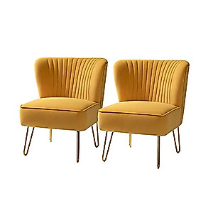TINA'S HOME Modern Velvet Upholstered Accent Chair Set of 2,Velvet Fabric Tufted Back Single Sofa,Velvet Comfy Fabric Golden Metal Legs Armless Side Chair for Living Room Vanity Chair(Mustard)