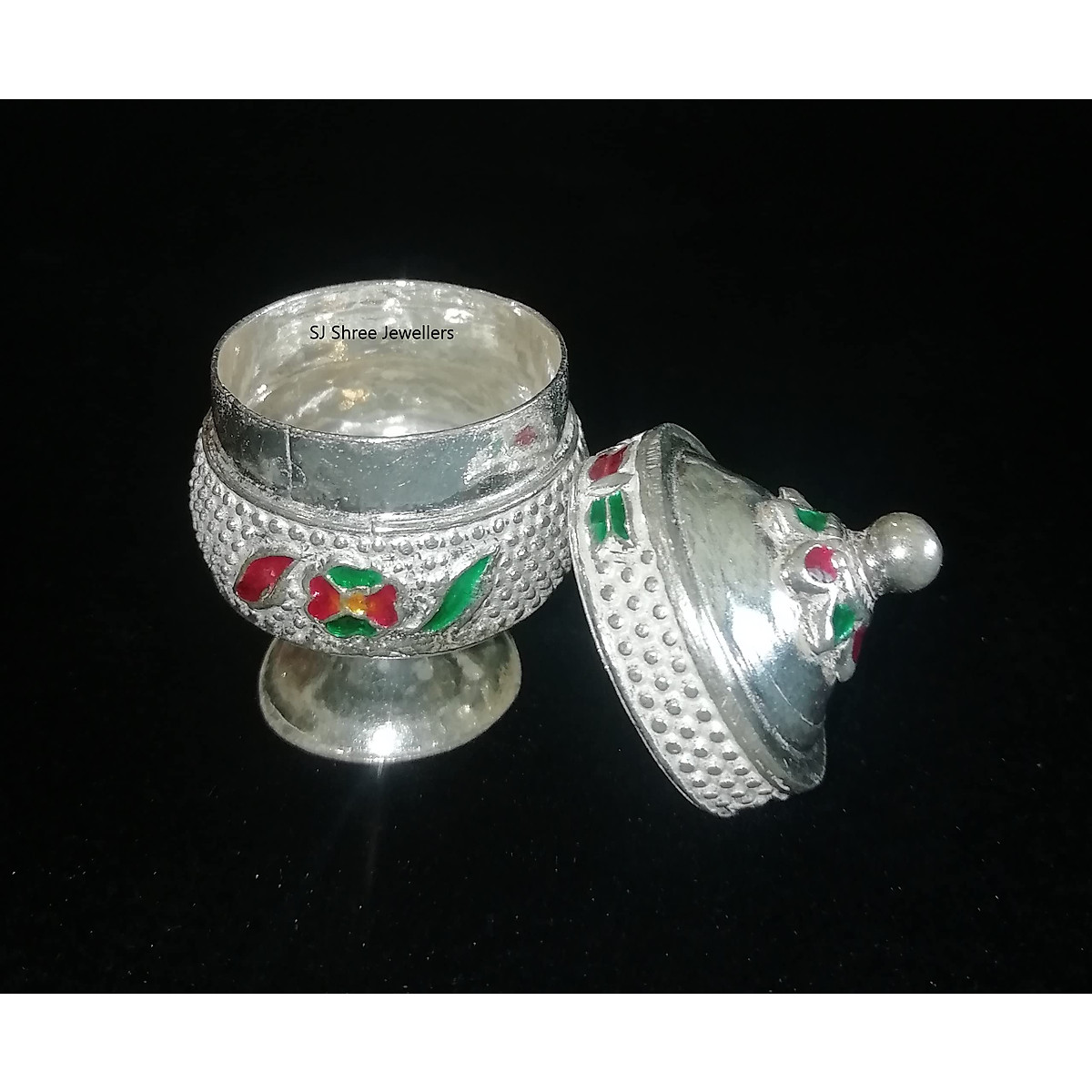 shree jewellers SJ Pure Silver Designer Meenakari Sindoor Dabbi with Lid, Pooja Items for Home, KumKum Round Box Spiritual Gift Item ~ Small Size 3.5 x 2.4 cm