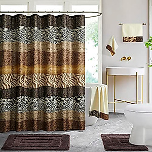 WPM Bathroom Rugs and Shower Curtain Set. Animal Leopard Print Luxury Absorbent Bath Rug Contour mat, Non Slip Plush Carpet for Floor. Fabric Shower Curtain, Hooks and Towel Set (Animal Coffee)