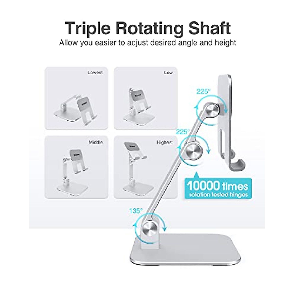 elitehood Aluminum iPad Stand, Adjustable iPad Stand Holder for Desk, Desktop Tablet Stand Dock for iPad Pro 12.9 11, iPad Air Mini 4 5 and More 4-13.5 inches Tablets, Silver