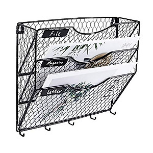 Superbpag Hanging Mail Sorter Organizer 3-Tier Metal Chicken Wire Wall Mount Magazine Literature Rack with Key Holder, Black