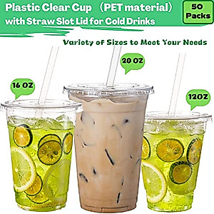 botogift [50 Sets]  20 oz Clear Plastic Cups with Flat Lids and STRAWS, Disposable Coffee Cups, Drinking Cups for Cold Drinks, Milkshakes, Juice, Smoothies, Slurpee