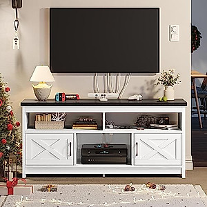 YITAHOME Farmhouse TV Stand for 65 inch with Power Outlet, Mid Century Modern Wood TV Table Media Console with Storage Cabinet and Open Shelves for Living Room, Bedroom, Black/White