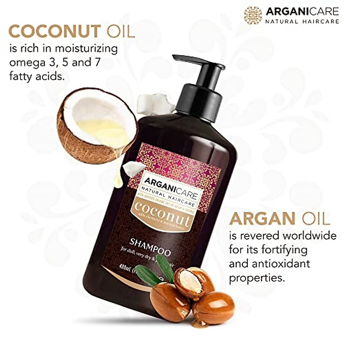 Arganicare Hydrating Coconut Oil Shampoo for Dry Hair Repair & Frizz Control - Hair Growth Shampoo for Men & Women Enriched with Organic Argan Oil, Witch Hazel, and Chamomile | 13.5 fl Oz