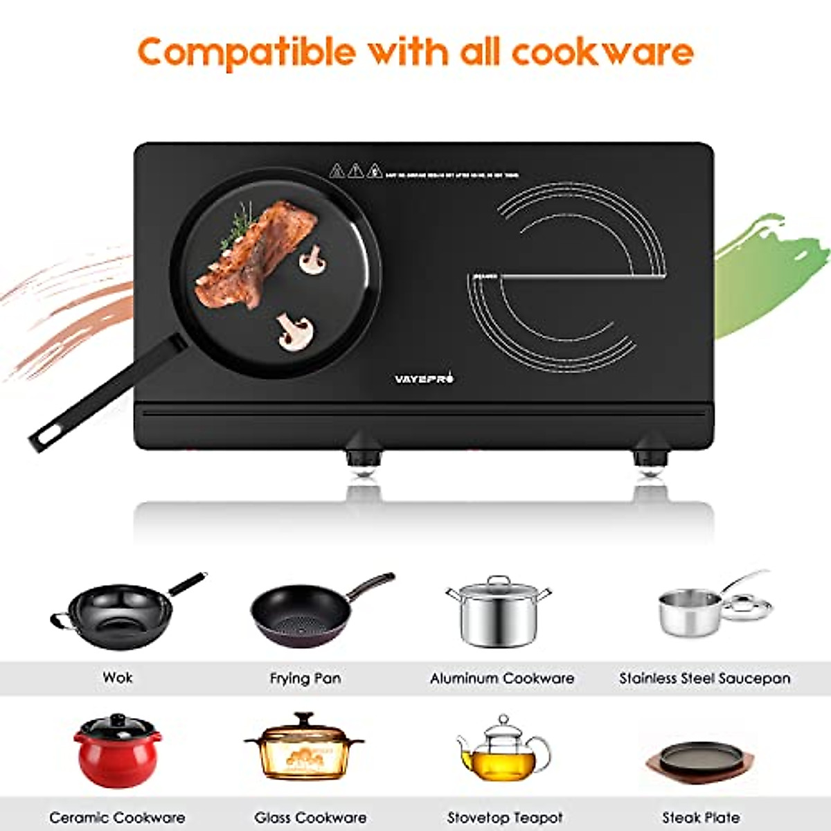 Electric Hot Plate for Cooking, Infrared Double Burner,1800W Portable Electric Stove,Heat-up In Seconds,Countertop Cooktop for Dorm Office Home Camp, Compatible with All Cookware