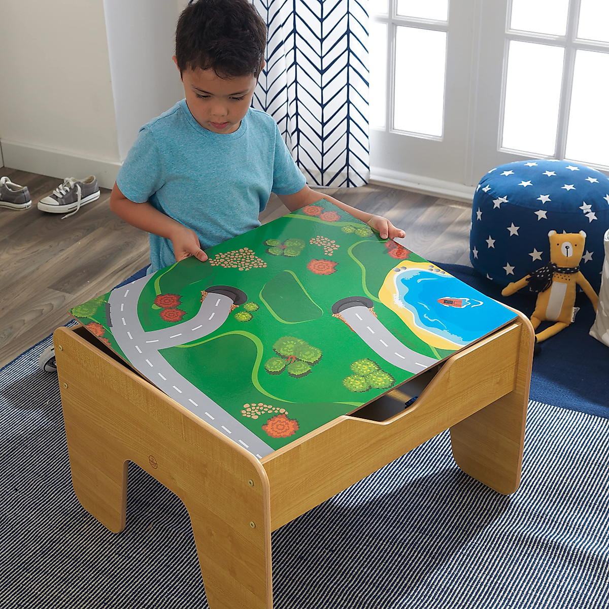 KidKraft 2-in-1 Reversible Top Activity Table with 200 Building Bricks and 30-Piece Wooden Train Set, Natural, Gift for Ages 3+