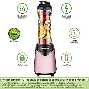 La Reveuse Smoothie Blender Personal Size 300 Watts with 2 Pieces 18 oz BPA-free Travel Sports Bottles,Grey (Pink)