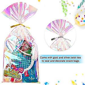 Ohuimrt Iridescent Cellophane Treat Bags, 5 x 11 Inches Plastic Holographic Goodie Bags, 100 PCS Party Favor Bags with 100 PCS Ties for Candies, Snacks, Small Gifts