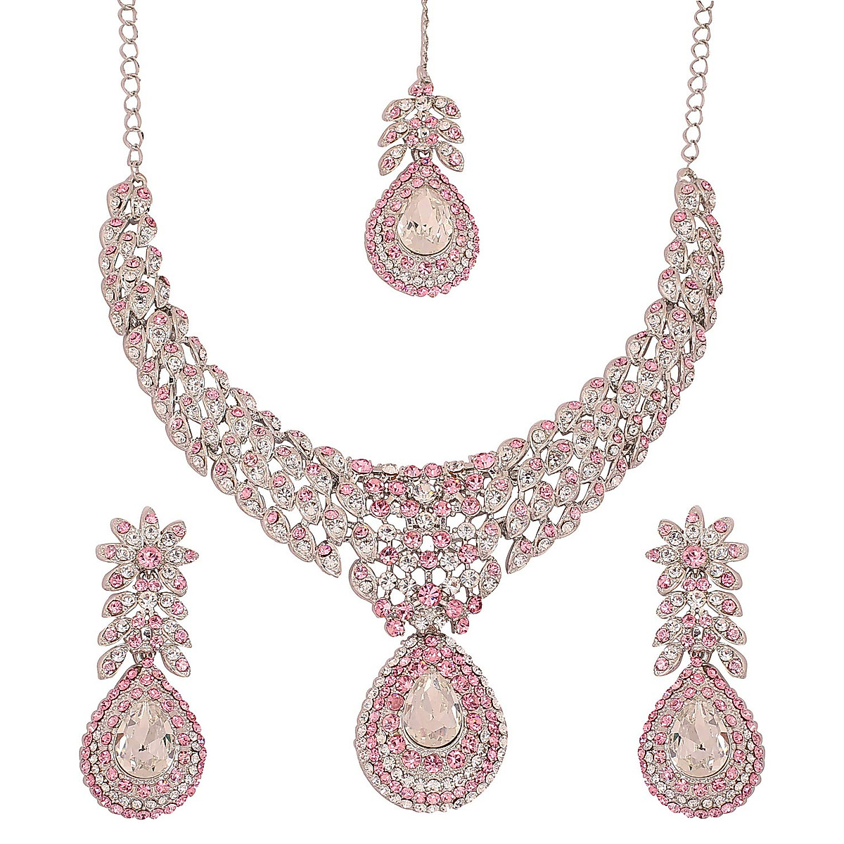 Touchstone Indian wedding jewelry sets for women necklace bollywood jewellery set pink and silver desi bridal designer necklaces earrings artificial joyeria rhinestone crystal fancy in white tone