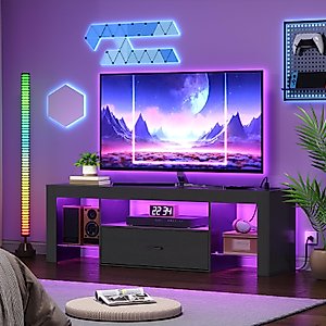 HOOBRO LED TV Stand with Power Outlets to 65 inch TV, Gaming Entertainment Center with Glass Shelves and Large Drawer, Modern Media TV Console Table for Living Room Bedroom, Black BB14UDDS01G1