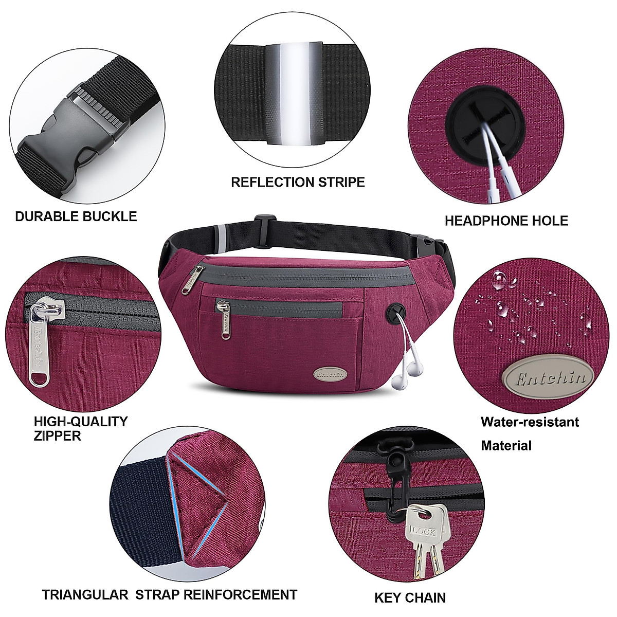 Entchin Fanny Pack for Women Men with 4-Zipper Pockets, premium fashion Waist Pack Crossbody Bum Bags for Hiking, Running, Travel, Cycling and Casual(Burgundy)