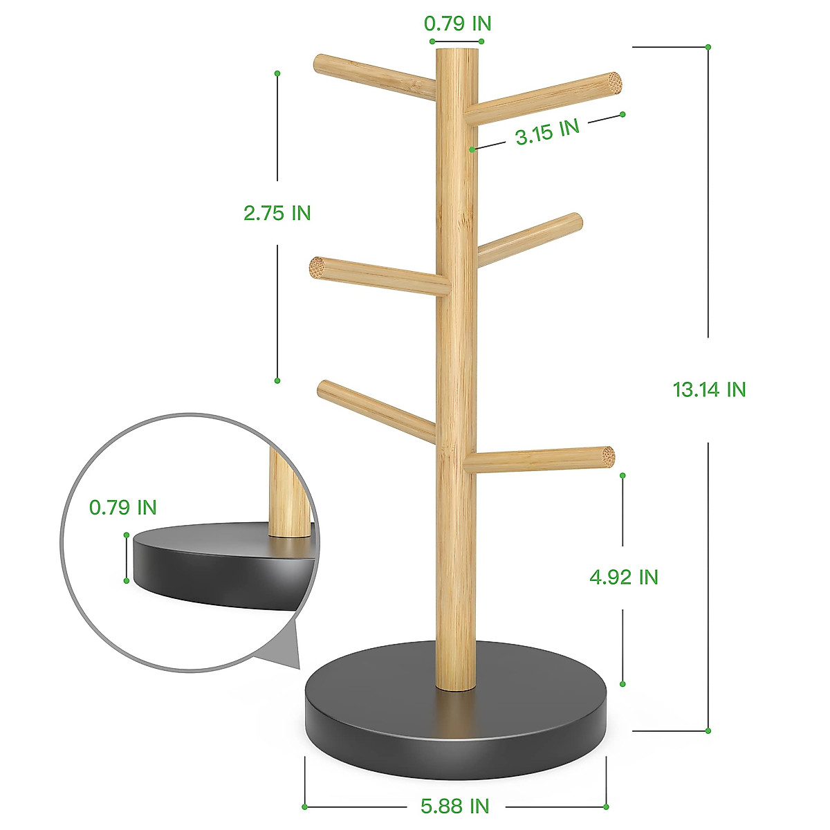 Wisuce Bamboo Mug Holder Tree, Thicker Base Coffee Cup Holder Stand for Counter, Mug Rack with 6 Hooks