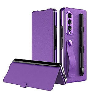 EAXER Compatible with Samsung Galaxy Z Fold 3 5G Case, Lychee Pattern Leather Magnetic Case with Pen Slot Luxury Phone Case Full Protection Cover Bumper Skin (Purple)