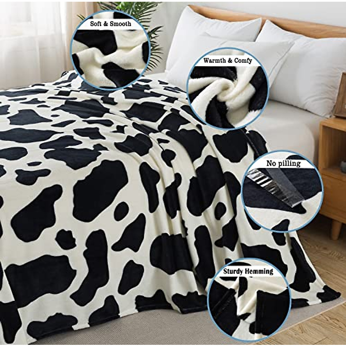Flannel Fleece Cow Print Blanket King Size - Premium Anti-Static Super Soft Cozy Plush, Lightweight Microfiber Winter Warm Cow Print Throw Blanket for Couch Sofa Bed 90" x 108"(Black Cow King)