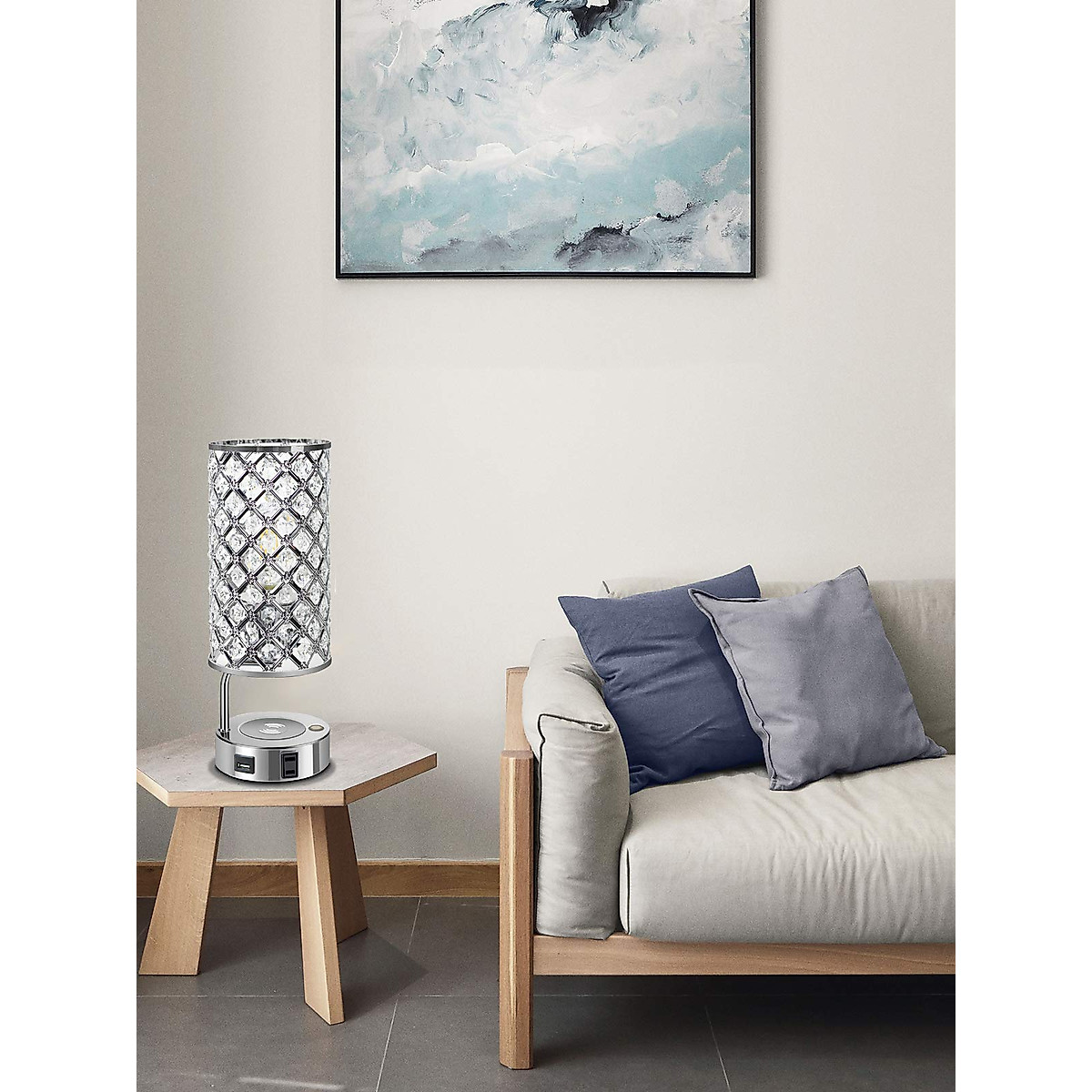 Touch Control Crystal Table Lamp, 3 Way Dimmable Wireless Charging Table Lamp, USB Bedside Light with Crystal Shade, Modern Nightstand Lamps for Bedroom Living Room (Bulb Included) (Silver)