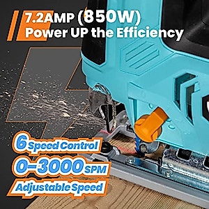 7.2AMP(850W) Jig Saw, GoGonova 6 Variable Speeds Jigsaw, 4-Stage Orbital Function, ±45° Bevel, Jig Saw Tool Kit with Wood Cutter Blades, Laser Guide (LED), Scale Ruler, Dust Blowing