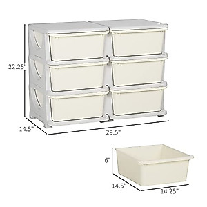 Qaba 3 Tier Kids Storage Unit, 6 Drawer Chest Toy Organizer Plastic Bins for Kids Bedroom Nursery Kindergarten Living Room for Boys Girls Toddlers, Cream