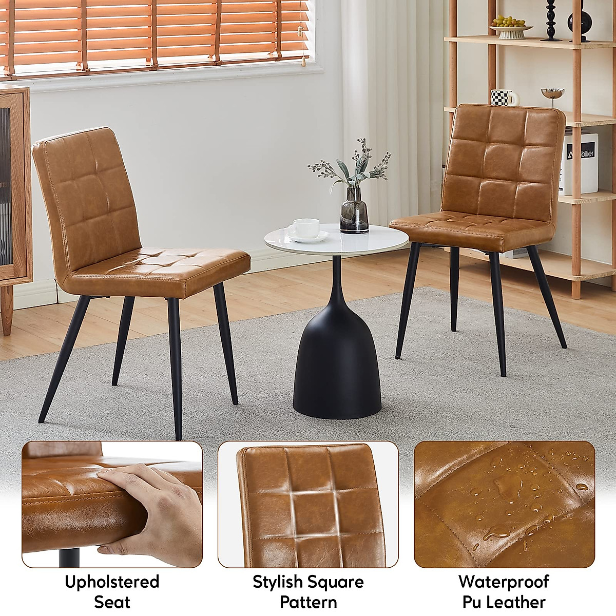 CLIPOP Kitchen Faux Leather Dining Chairs set of 4, Mid-Century Modern Dining Chair with with Square Grid Backrest Heavy Duty Metal Legs, Armless Kitchen Accent Chair for Living Room, Light Brown