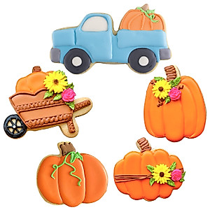 Pumpkin Patch Cookie Cutters 5-Pc. Set Made in the USA by Ann Clark, Truck with Pumpkin, Pumpkin in a Wheelbarrow, Jack-o-Lantern Pumpkin, Tall Pumpkin, Pumpkin Gourd