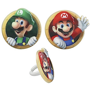 DecoPac Super Mario Rings, 24 Nintendo Cupcake Decorations Featuring Mario And Luigi, Cake Toppers For Birthday, Gaming, Party - 24 Pack