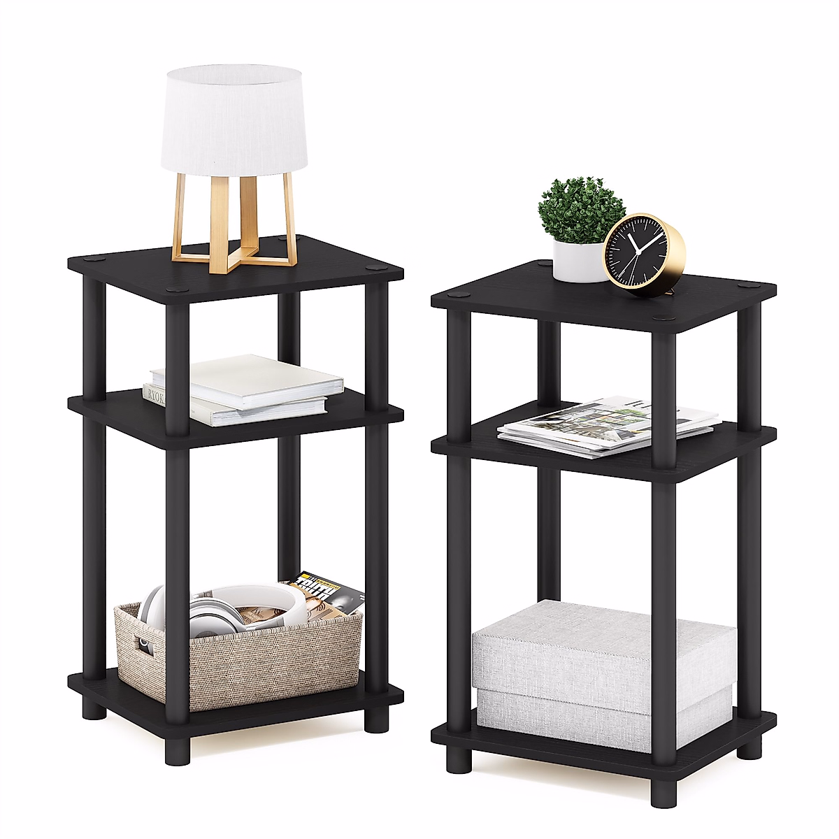 Furinno Just 3-Tier Turn-N-Tube End Table / Side Table / Night Stand / Bedside Table with Plastic Poles, 2-Pack, Americano/Black