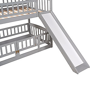 Twin Over Twin Bunk Bed with Fence Door,Slide and Ladder - Bunk Bed for Family, Kids, Teens,No Box Spring Needed