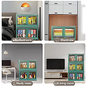 NOCCUR 3 Pack Stackable Storage Bins with Lids - 23Gal Green Plastic Storage Bins - Folding Storage Box - Foldable Plastic Storage Container with Lids and Doors - for Book Storage,Study Room