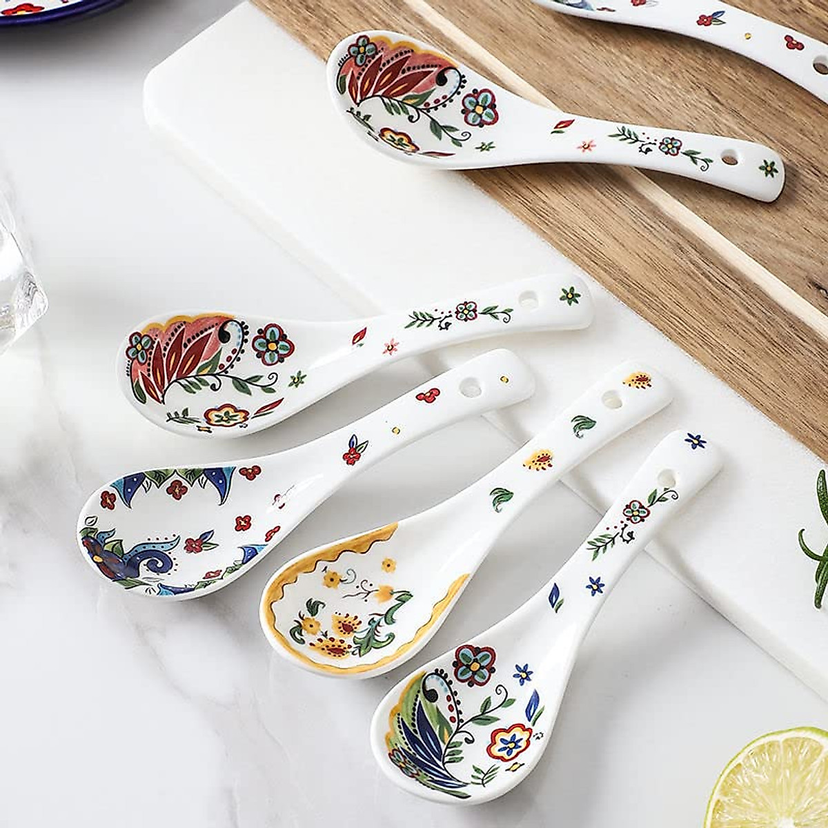 HonHeam Ceramic Soup Spoons Set, Bohemian Porcelain Rice Spoons, Colorful Glaze Flower Pattern Tableware Spoons Set of 4