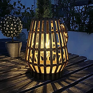 Outdoor Solar Lanterns Hanging - Bamboo Table Light Decorative Landscape Lamp Rattan Natural Lantern Rustic Woven Lantern with Edison Bulb for Indoor Tabletop Patio Garden Pathway Yard Wedding