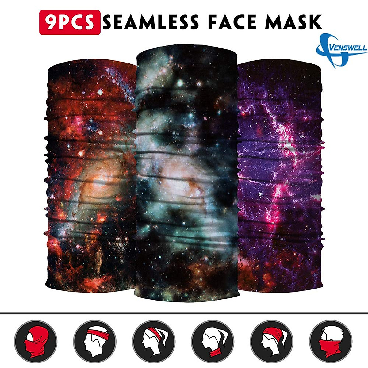 Venswell Neck Gaiter Face Mask Men Women,Seamless Bandana Rave Face Cover Scarf Mask,Balaclava,Headband, Head Wrap,Headwear