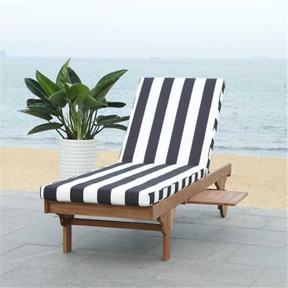 SAFAVIEH Outdoor Collection Newport Natural/ Black & White Stripe Cushion Built-in Side Table Adjustable Chaise Lounge Chair