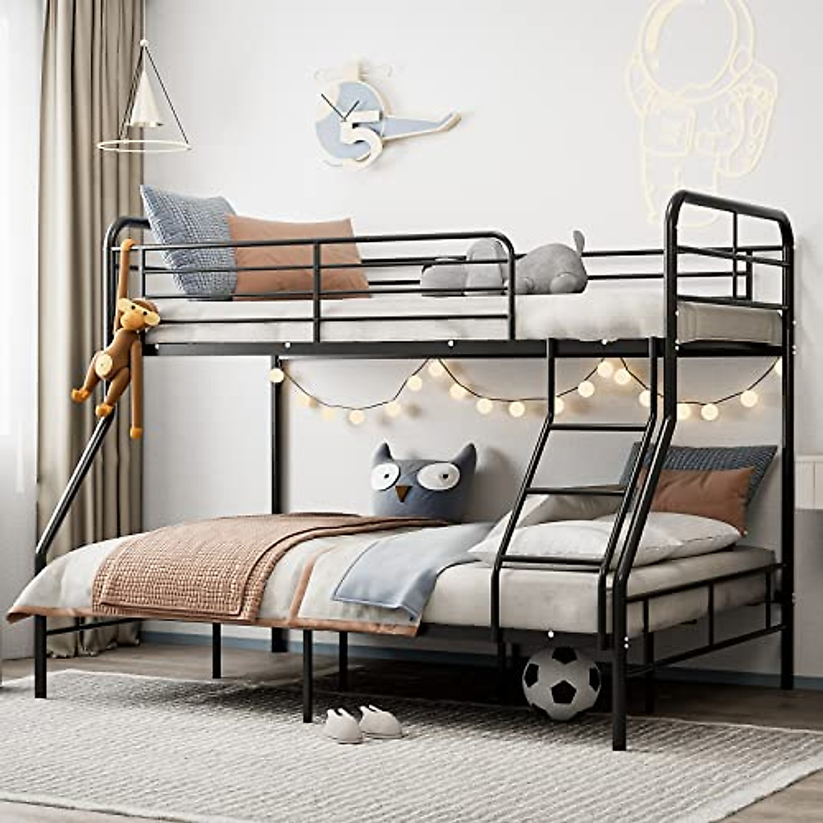 IKIFLY Metal Twin Over Full Bunk Bed, Heavy Duty Bunk Bed Frame with Safety Guard Rail & Ladder, Space-Saving Design/Noise Free/for Kids, Teens & Adults/No Box Spring Needed - Black