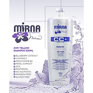 Mirna Professional Color Care NO Yellow Shampoo. Delicate pH acid formula, also contains Vitamin F, Provitamin B5 Panthenol, SIlk and Pearl Extracts. Enriched with Blueberry extract. 500ml / 16.9oz