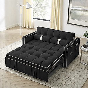 YWUFUART Modern 55.5 Inch Pull-Out Sofa Bed Double Sofa Side Pockets Velvet Sofa Couch Adjustable Backrest and Waist Pillow for Apartment Office Living Room (Black)