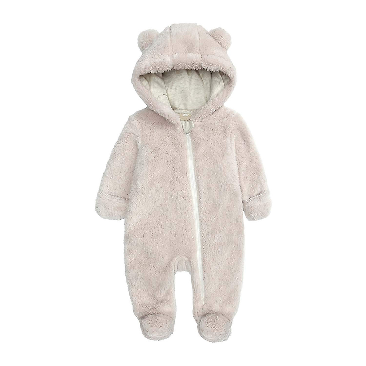 Baby Boy's Fleece Snowsuits 0-12 Months Toddlers Cute Bear Cartoon Jumpsuits Winter Hooded Rompers with Zipper Closure Beige 3-6M