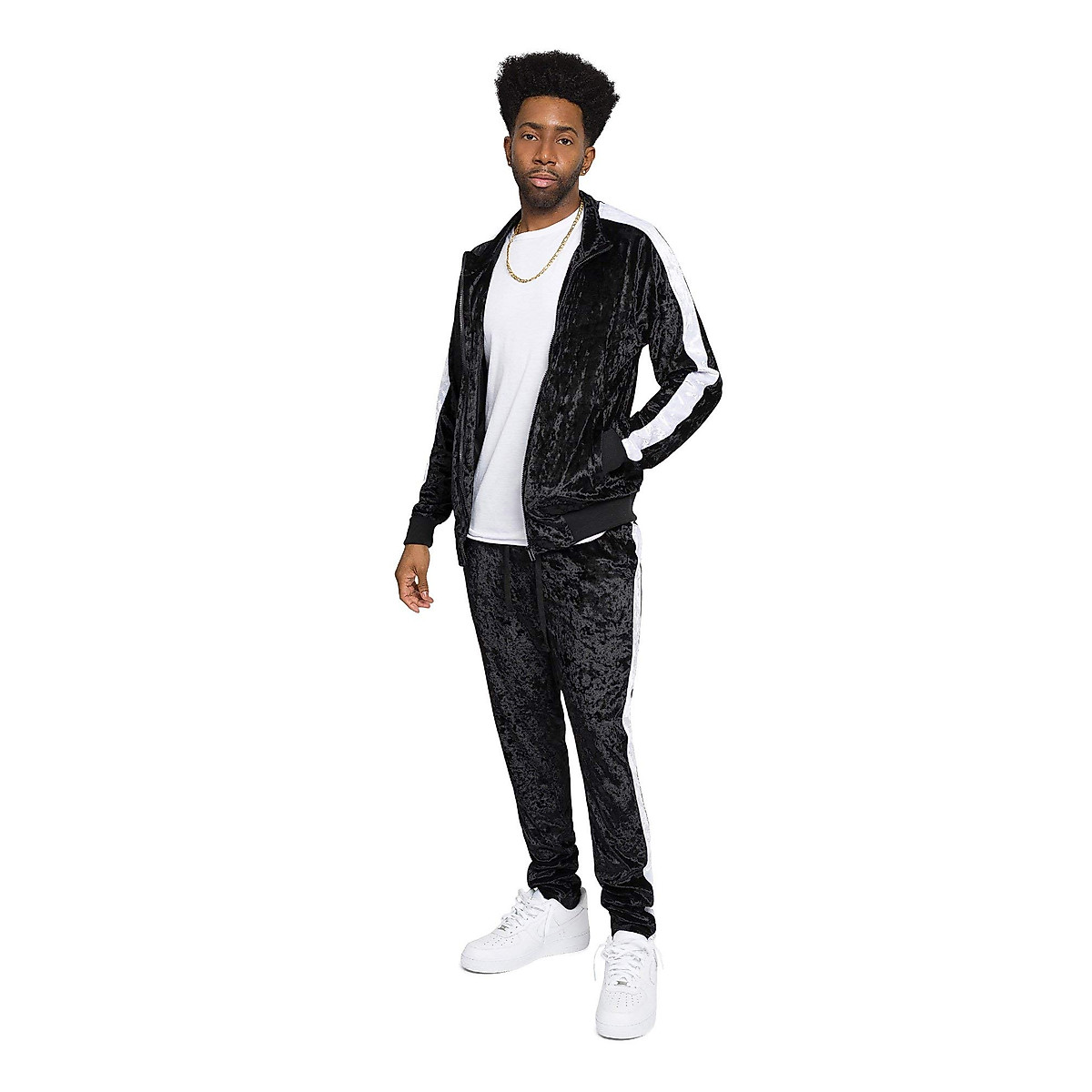 G-Style USA Men's Velvet Velour Tracksuit Set - Zipper Jacket and Sweatpants ST851 - Black - Large