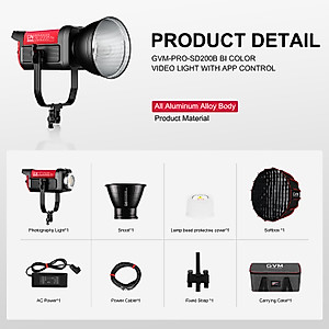 GVM 200W LED Video Light with Softbox, SD200B Photography Lighting Kit with Bluetooth Mesh Network/DMX Control, 2700K-6800K Studio Light Continuous Lighting Kit, 45400lux/1m, 12 Scene Effects