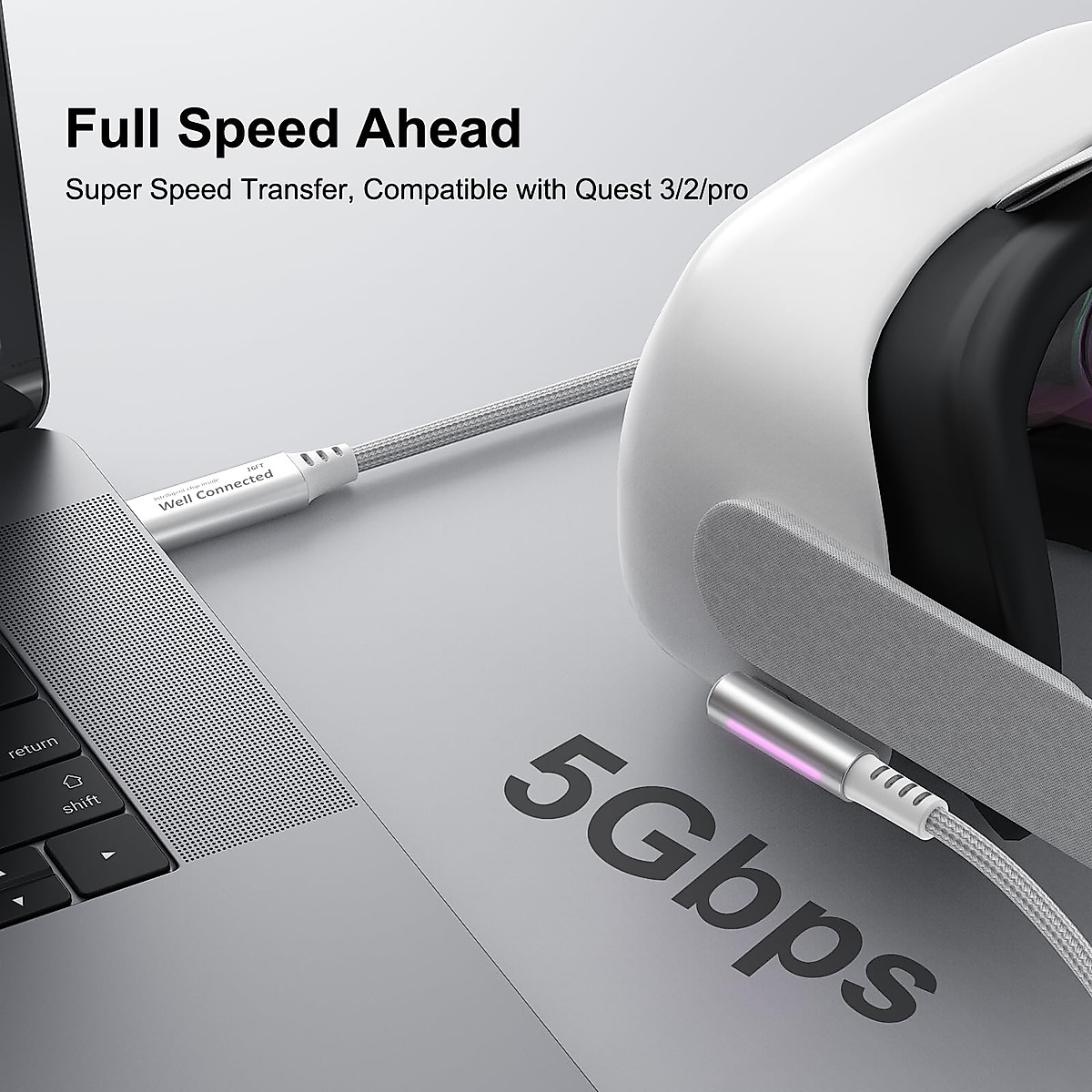 6AMGame 16Ft Link Cable for Oculus Quest 3/2/Pro Gaming Accessories PC Steam VR Headset High Speed USB C to C Charging Cord